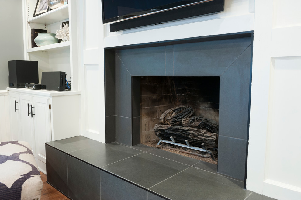 Stone fireplace surround - Transitional - Living Room - Indianapolis ...