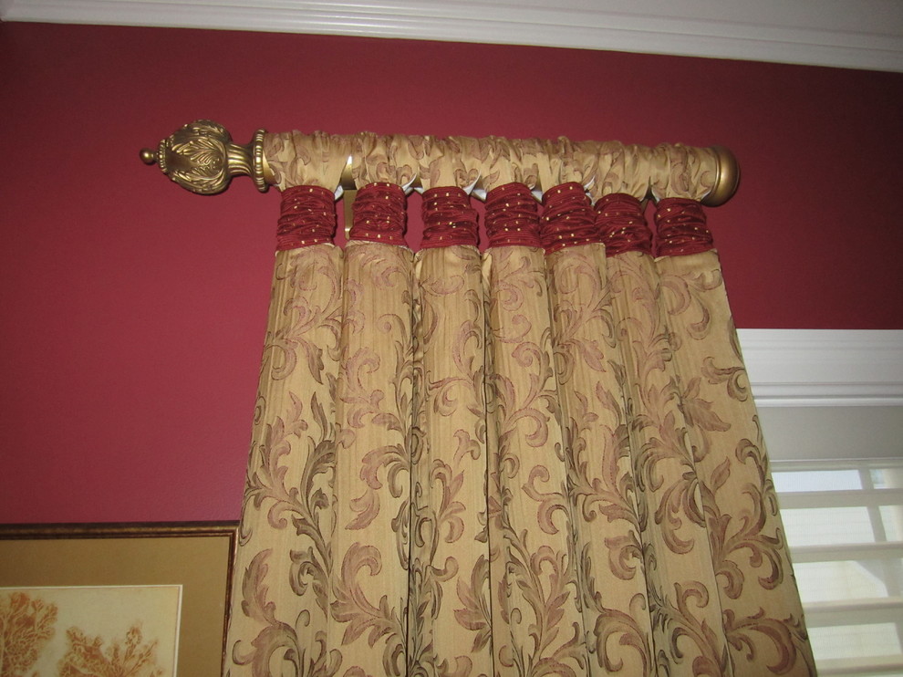 Tab Draperies with Shirred Tab Sleeves on Decorative Wood Pole ...