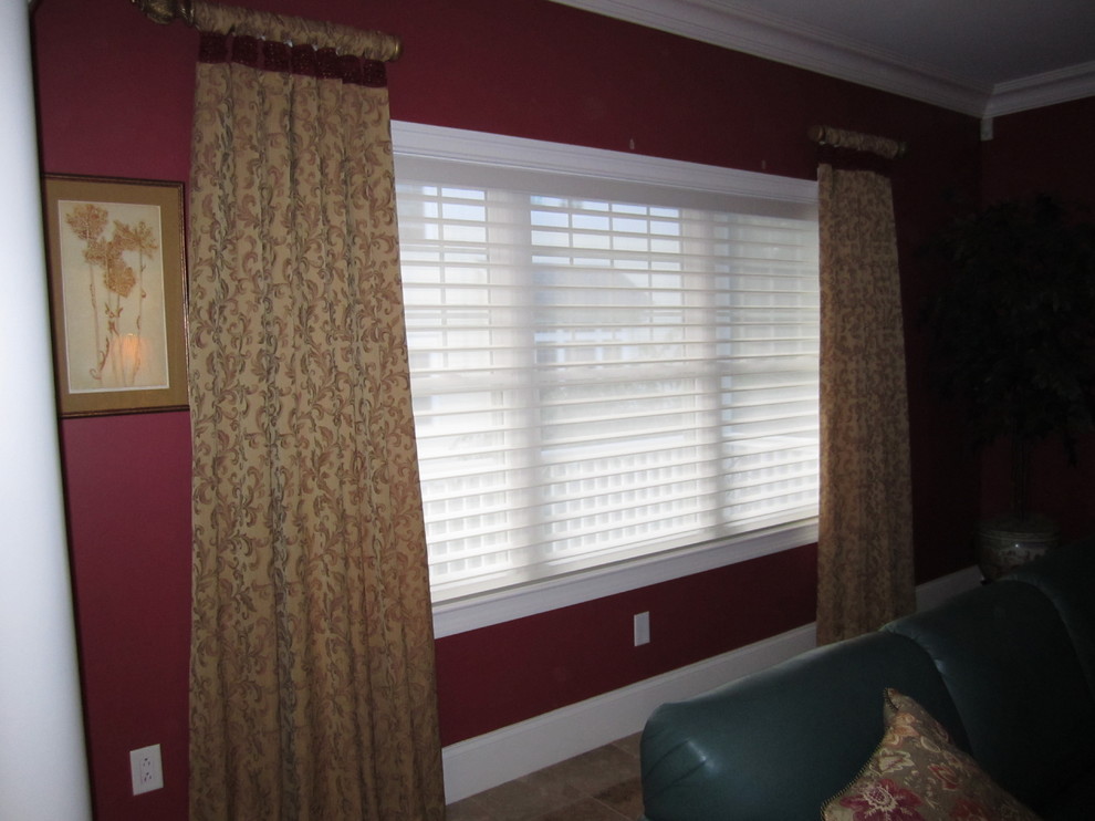 Tab Draperies with Shirred Tab Sleeves on Decorative Wood Pole, over ...