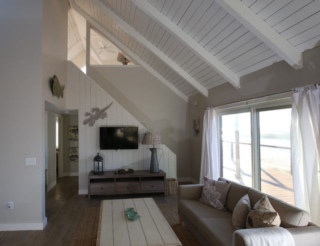 The open floor plan continues into the loft bedroom. - Coastal - Living ...