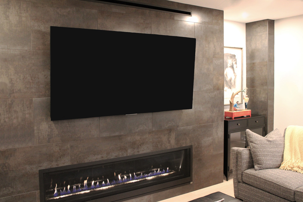 Tiled Fireplace and Side Walls featuring Porcelanosa's Ferroker ...