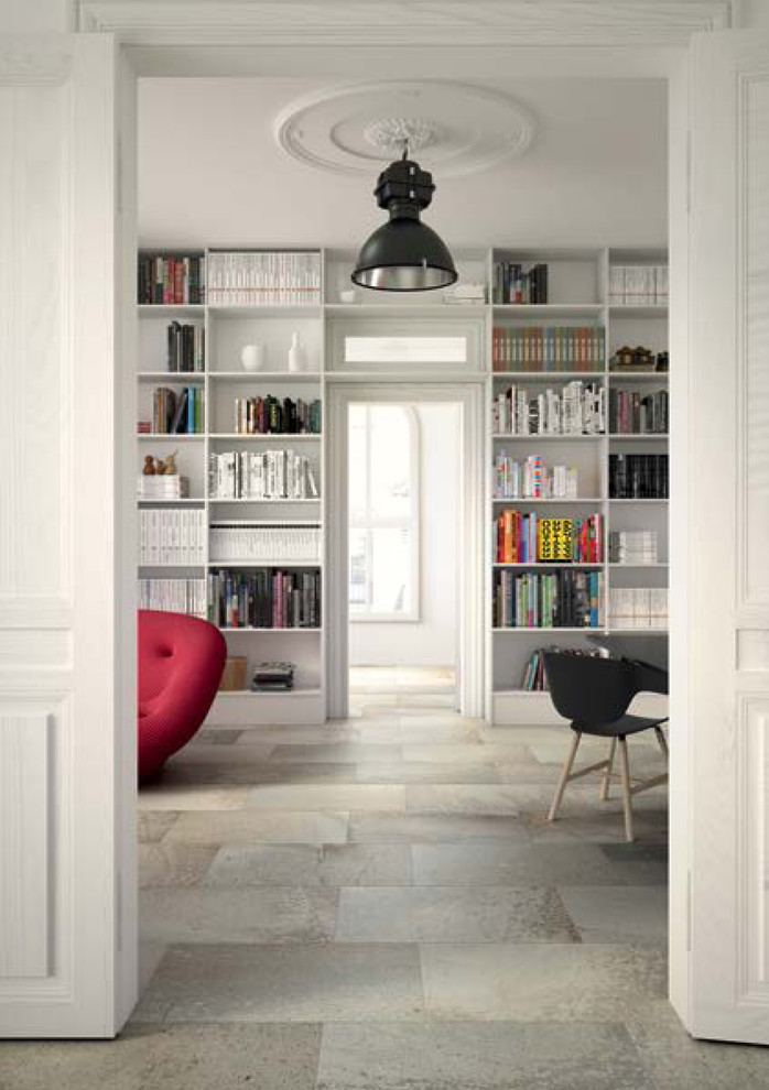 Traditional living room and library with stone look tiles - Traditional ...