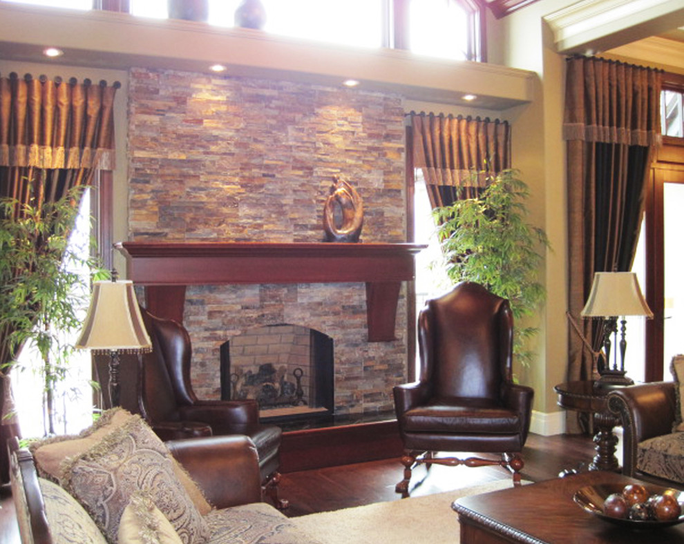 Traditional Open Concept Stone Fireplace - Traditional - Living Room ...