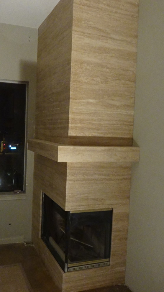 travertine fireplace in dana point - Beach Style - Living Room - Orange ...