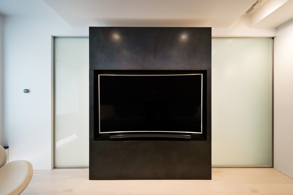 TV Room Niche with Glass Pocket Doors - Modern - Living Room - New York ...