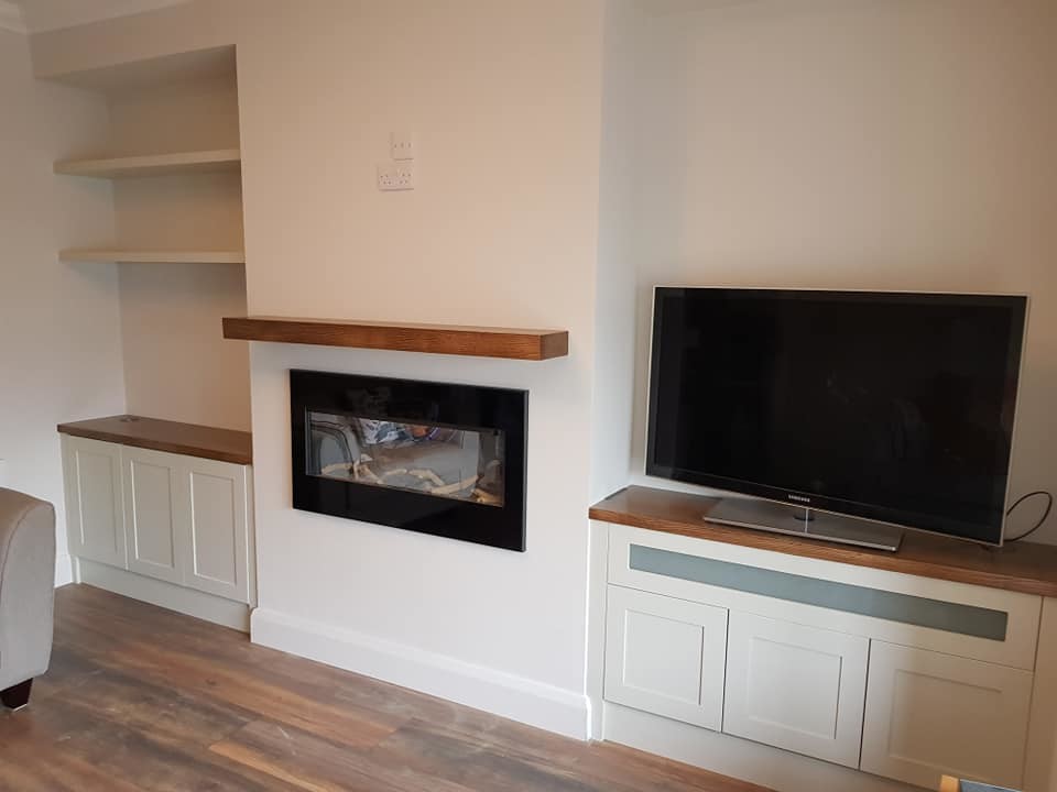 Two fitted alcove units with floating shelving floating mantle - Modern ...