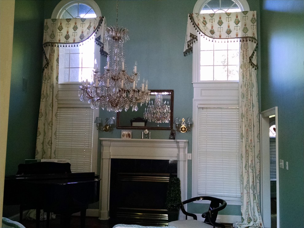 Two story windows, combined panels and treatments - Living Room ...