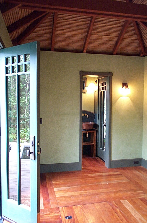 woven bamboo cathedral ceiling, hardwood floors, exposed rafters and ...