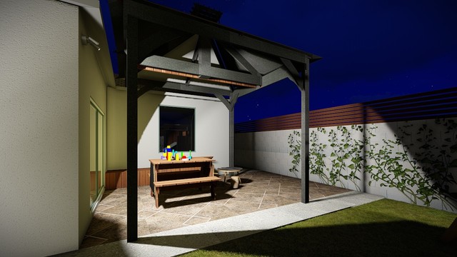 Backyard design with: patio enclosure, fire pit, playground & spa. - Moderne - Terrasse et Patio ...