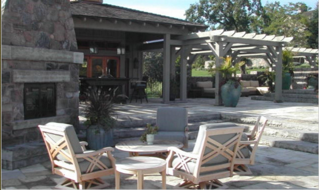 Cabana/fireplace/arbours/multi level stone patios - Country - Courtyard ...