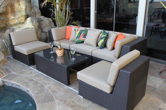 Contempo 6 Piece Outdoor Armless Conversation Set in Dark Brown Wicker ...