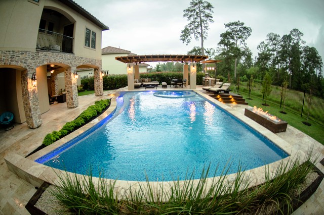 Contemporary Pool , Patio , outdoor kitchen and long Firepit - Pool ...