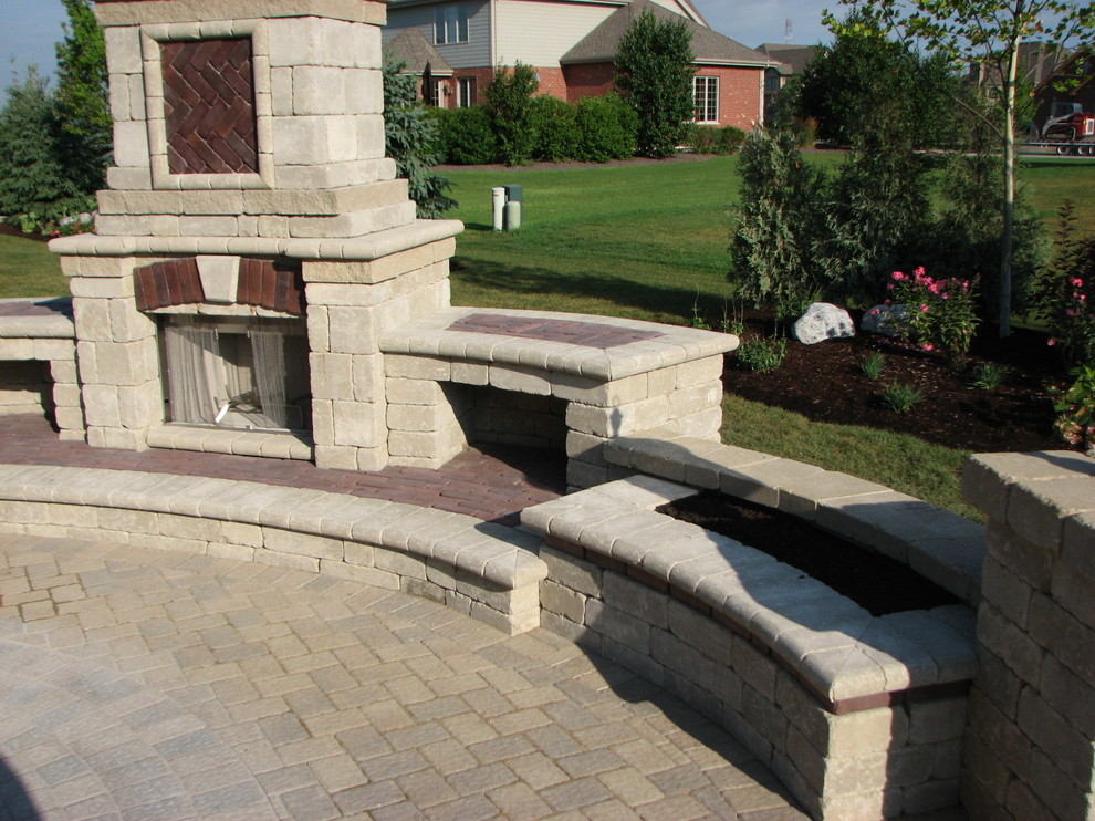 Custom Fireplace w/ Curved Wood Boxes, Hearth, Integral Planter Boxes ...