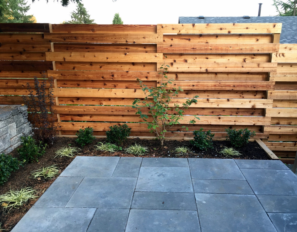 Detail view of the pavers, fence and evergreen planting - Modern ...