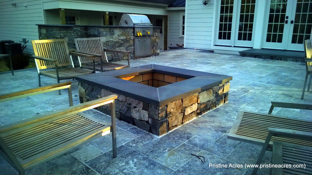 Falls Church Raised Travertine Patio, Firepit, & Grill Counter ...