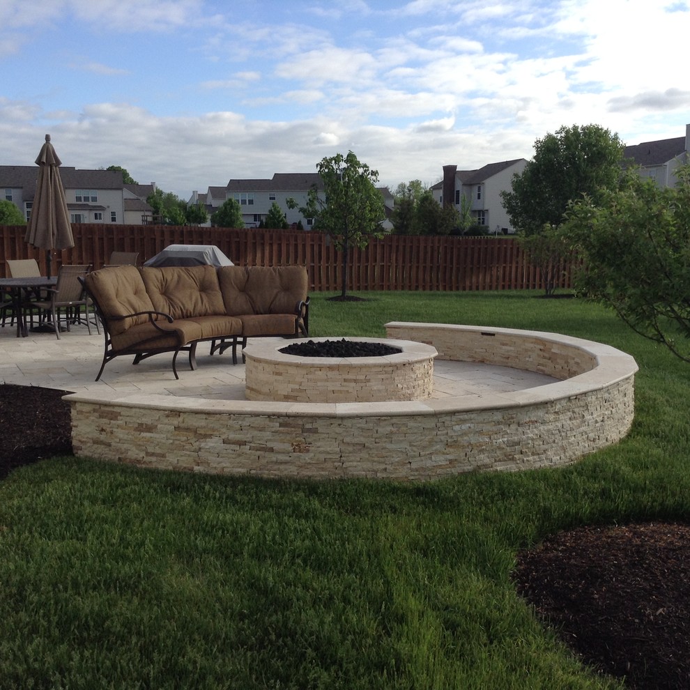 fishers patio, fire pit, seat wall - Mediterranean - Patio ...