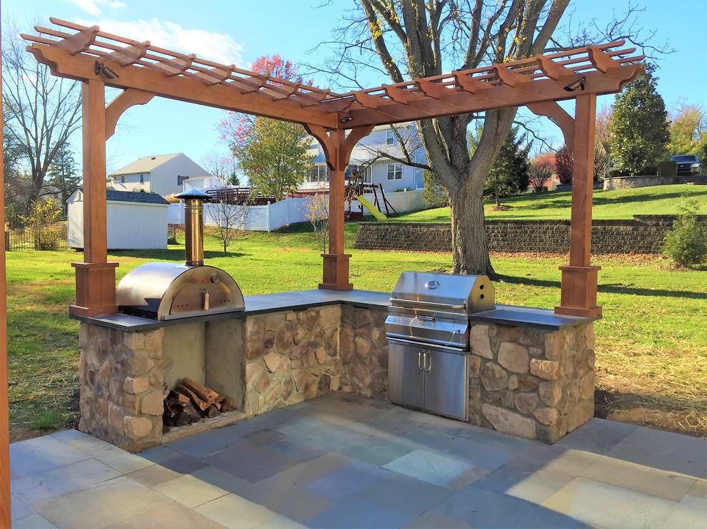 Flagstone Patio, Outdoor Kitchen, Pergola - Country - Patio ...