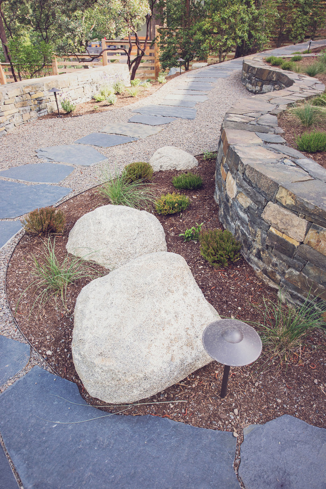 Flagstone Walkway with Stacked Basalt Retaining Walls + Granite ...
