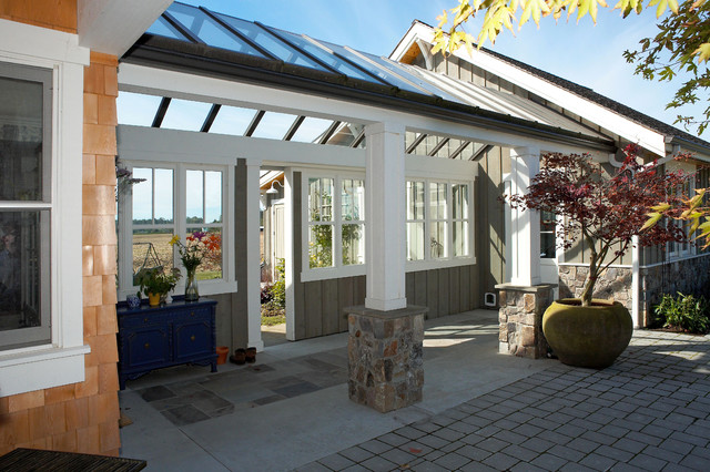 Glass connector between the house and garage. - Country - Patio ...