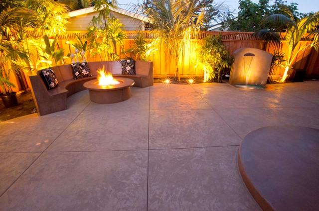 Hawaiian-Style Decorative Concrete Patio w/ Waterfall, Fire Pit & Bench ... Hawaiian-Style Decorative Concrete Patio w/ Waterfall, Fire Pit & Bench ...