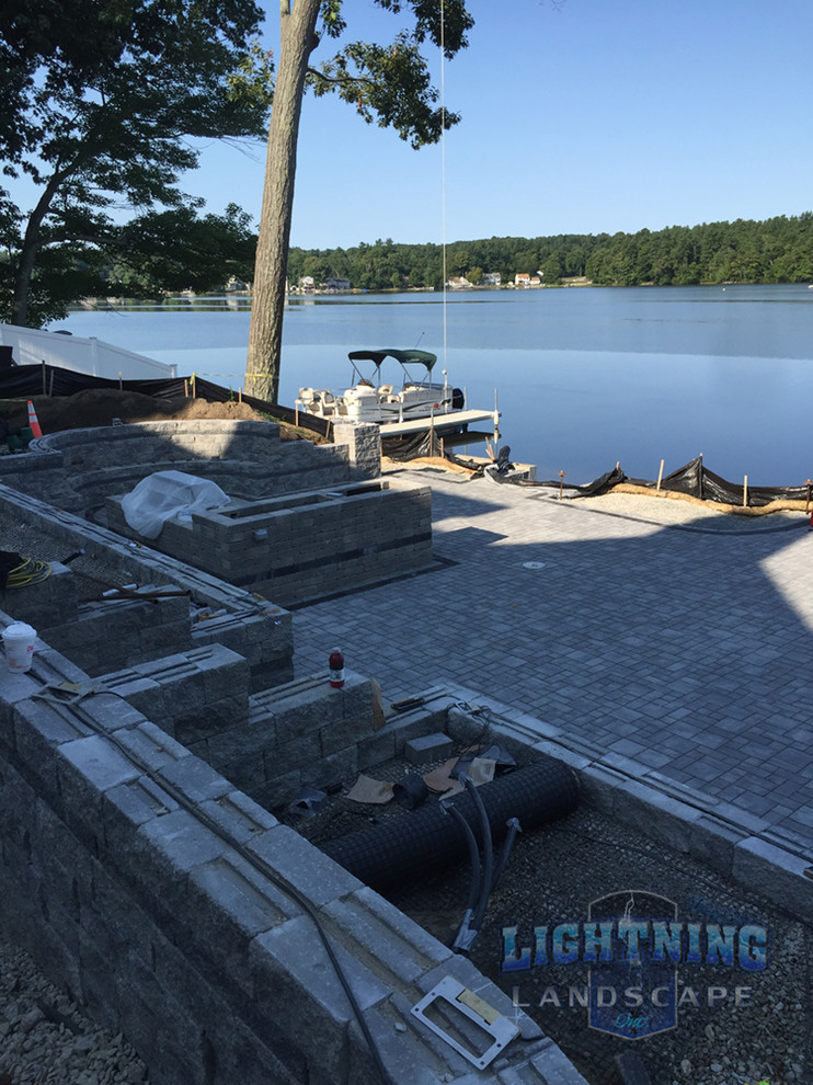 Lakefront Patio with Outdoor Kitchen, Fire pit & Retaining walls ...