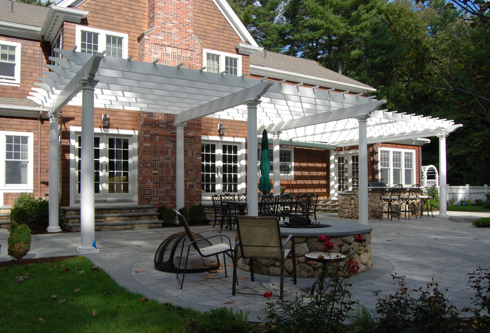 Large attached cellular PVC pergola with canopy - Traditional - Patio ...