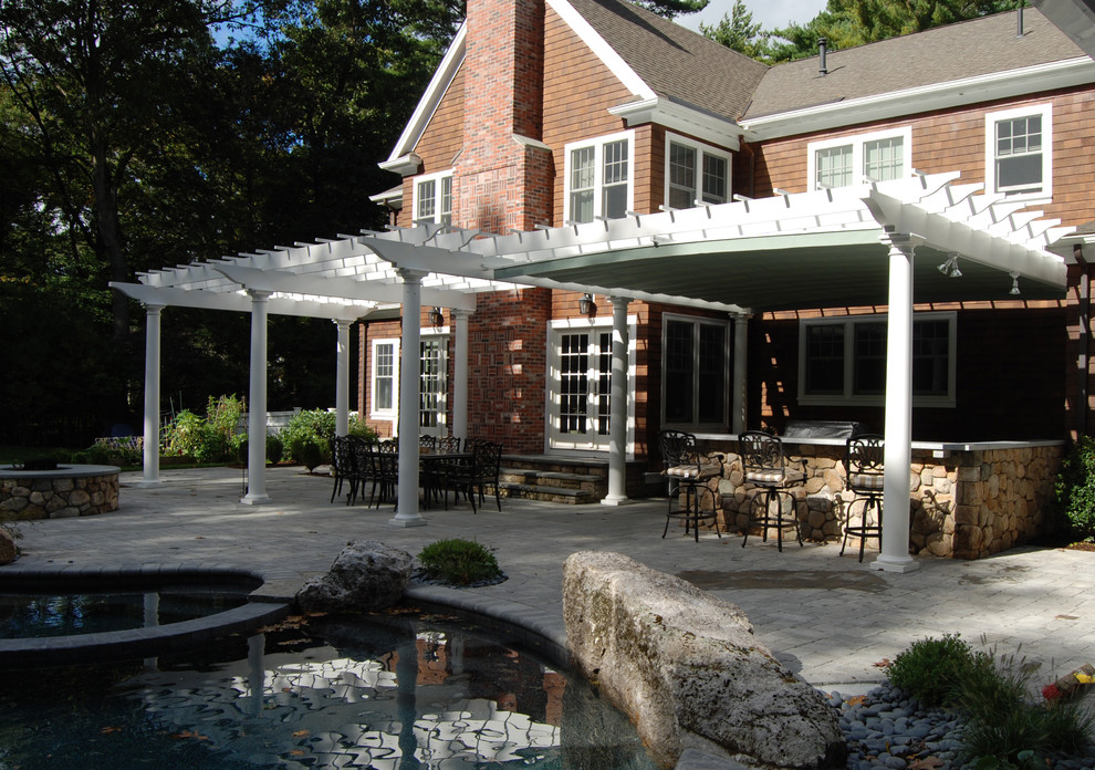 Large attached cellular PVC pergola with canopy - Traditional - Patio ...