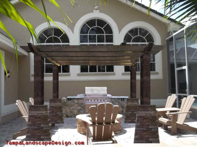 Mediterranean style pergola, Outdoor Kitchen & Fire pit - Traditional ...