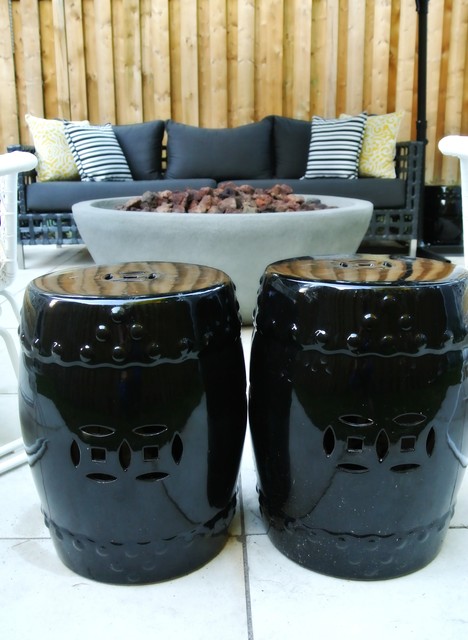 Mid Century Modern glam urban backyard with fire pit, limestone patio ...