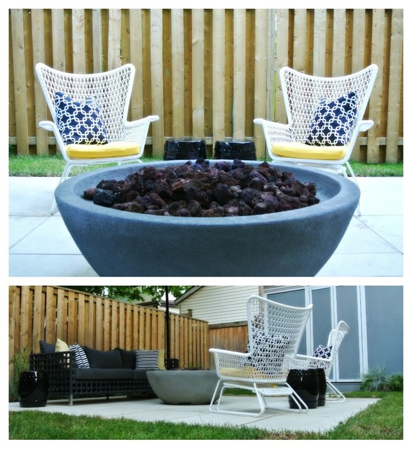 Mid Century Modern glam urban backyard with fire pit, limestone patio ...