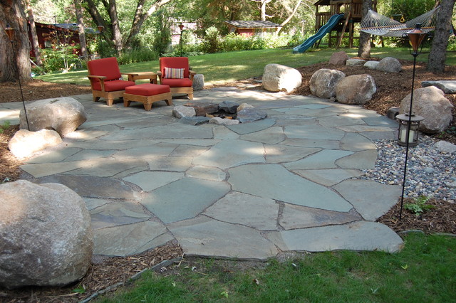 Minnetonka Stone Patio, Fire Pit and Waterfall - Traditional - Patio ...