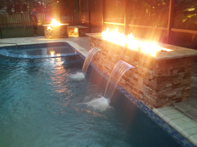 Modern custom Pool Fire Feature with Water cascades - Contemporary ...