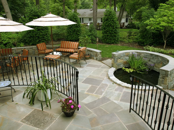 Multi-Level Flagstone Patio with Fieldstone Retaining Walls and Water ...