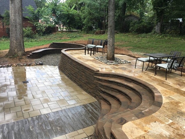 Multi-Level Paver Patio with Staircase and Seating - Traditional ...