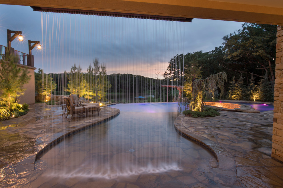 Multi-Level Pool with Rope Swing, Sunken Fire Pit, Waterfalls & Swim Up ...