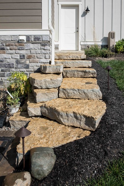 Multilevel Backyard Patio with Natural Stone Staircase - Traditional ...