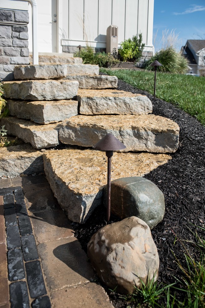Multilevel Backyard Patio with Natural Stone Staircase - Traditional ...