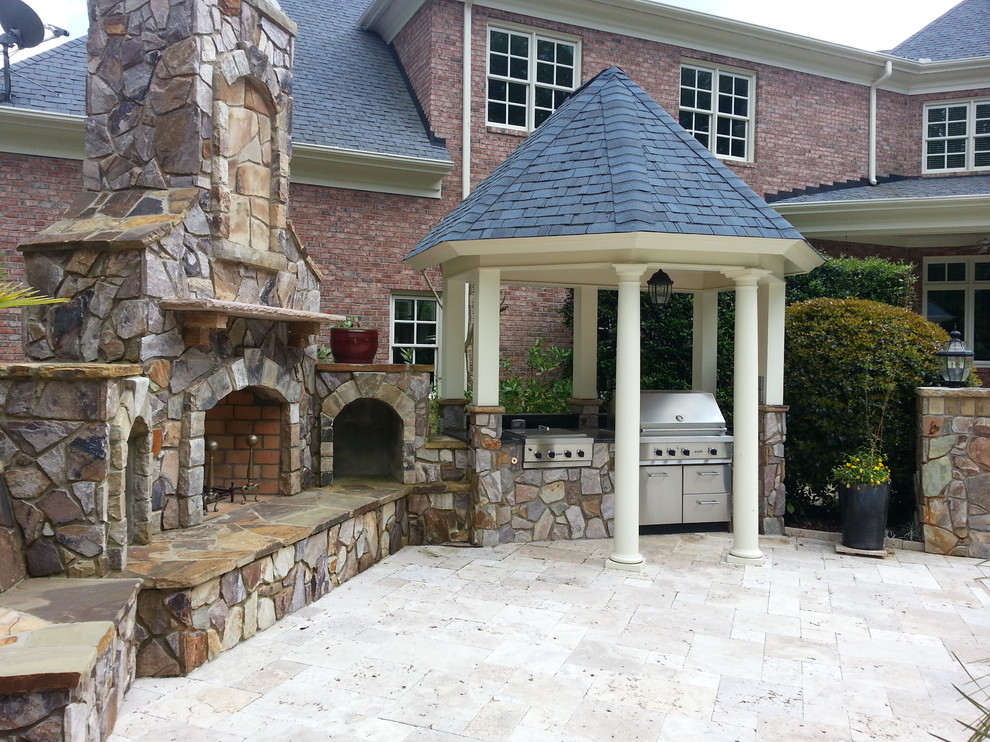 North Raleigh outdoor kitchen, fireplace, travertine patio ...