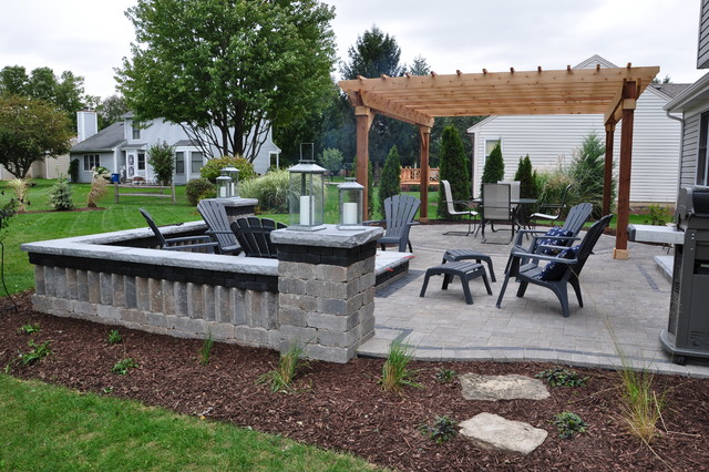 OSWEGO - Outdoor Living Patio with Pergola and Fire pit with seat wall ...