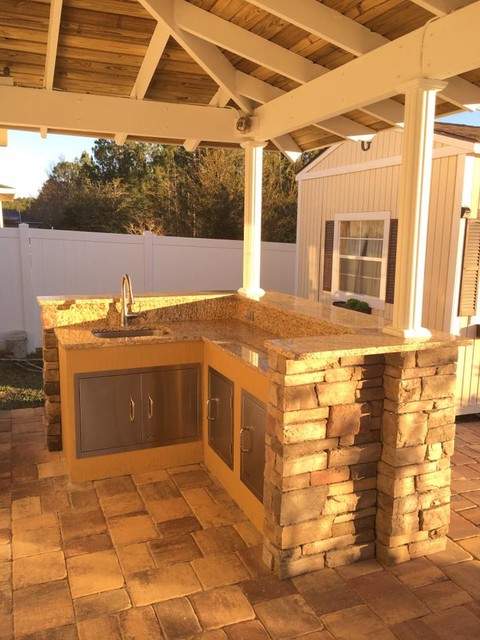 Outdoor Bar with Exposed Rafter Roofing & Paver Seating - Traditional ...