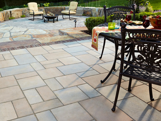 Outdoor Bistro: Concrete paver and natural stone patio - Méditerranéen ...