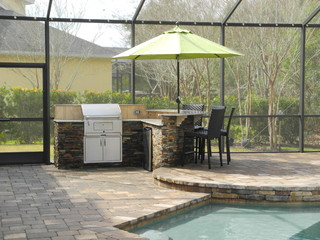 Outdoor Kitchen with curved bar and charcoal grill. - Transitional ...