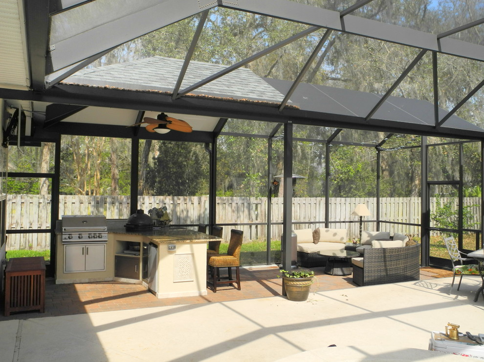 Outdoor kitchen with extended roof. - Transitional - Patio ...