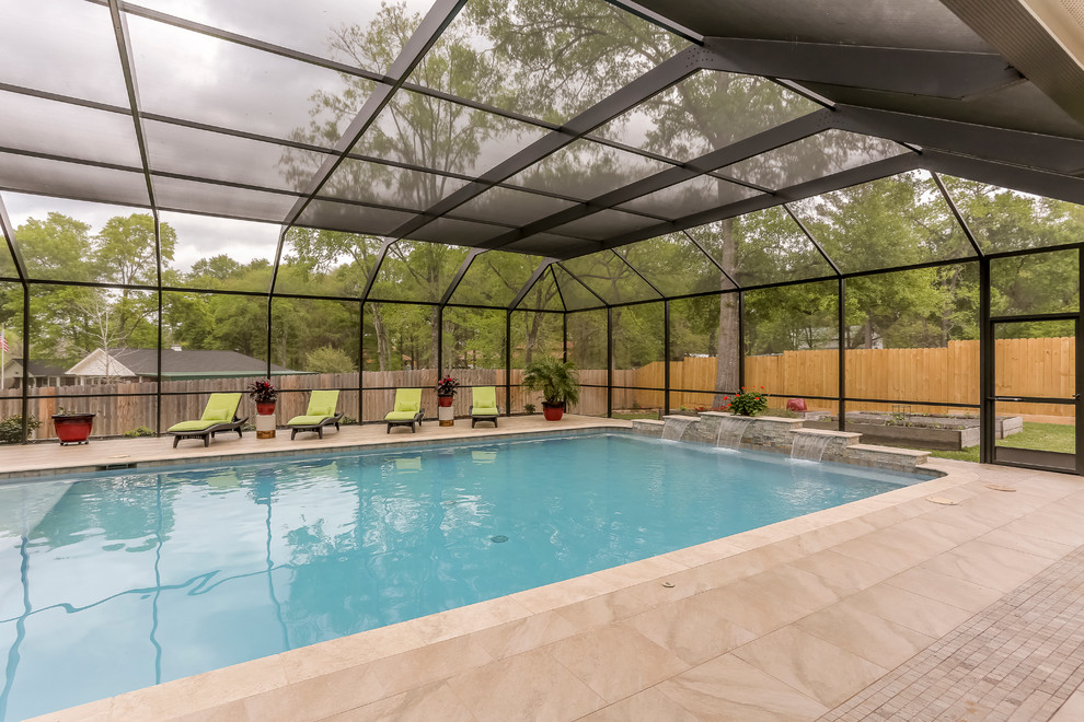 Patio with Fireplace with Screened Pool Enclosure - Transitional - Pool ...
