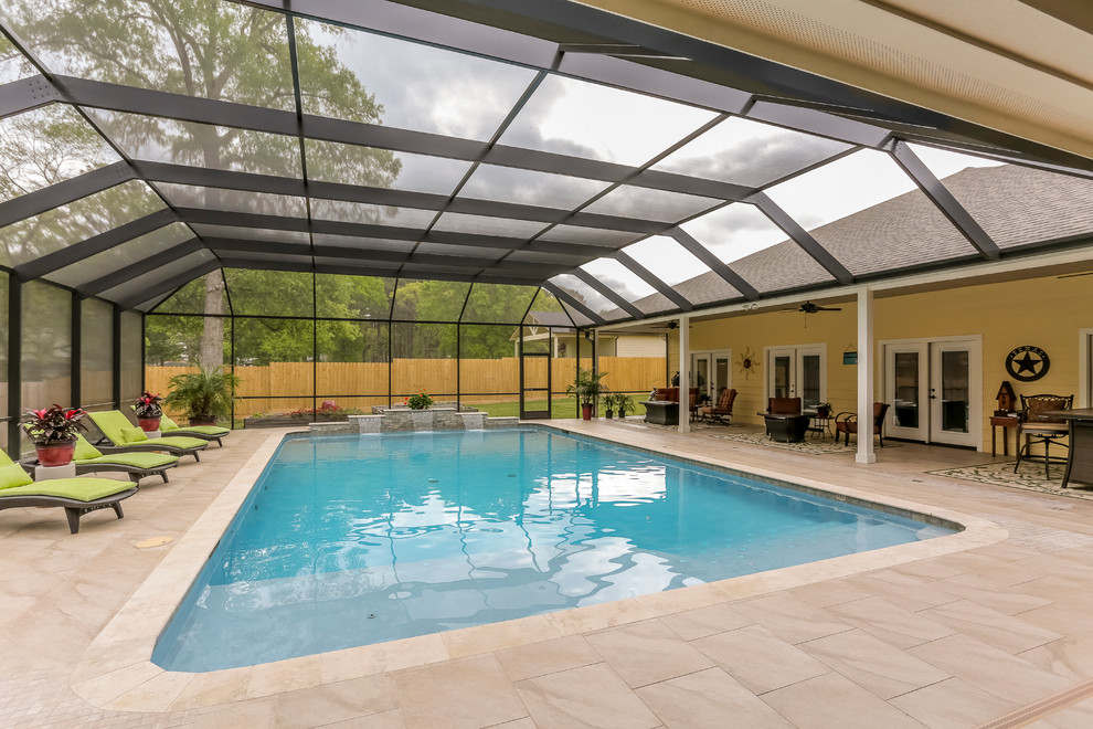 Patio with Fireplace with Screened Pool Enclosure - Transitional - Pool ...