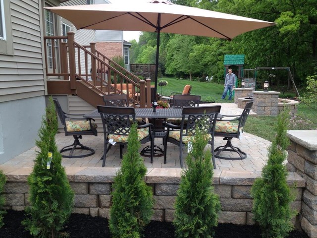 paver patio with pit seating wall and grill trex steps. - Traditional ...
