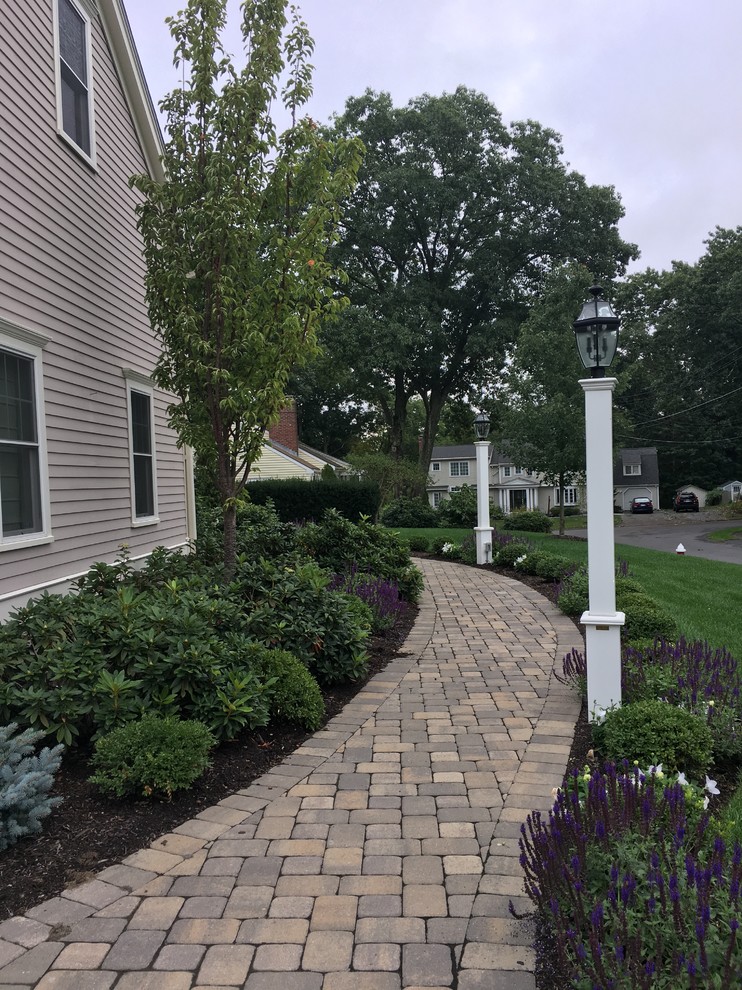 Paver walkway with low boxwood and perennials - Traditional - Patio ...