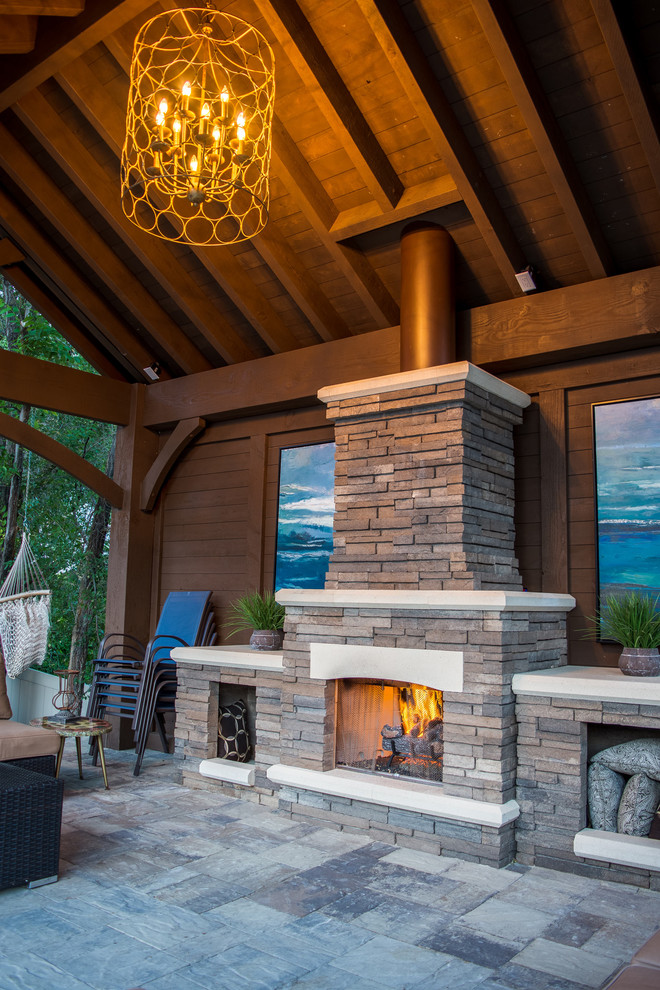 Poolside Timber Frame Pavilion w/Fireplace & Chandelier - Craftsman ...
