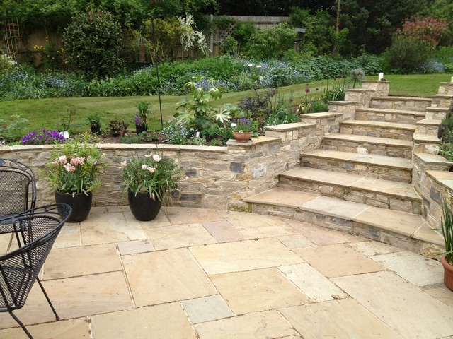 Purbeck Stone Walls and Sandstone Paving - Traditional - Patio - Devon ...