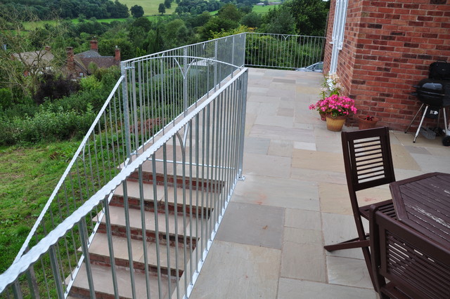 Railings and gate for raised patio area. - Contemporary - Patio - Other ...